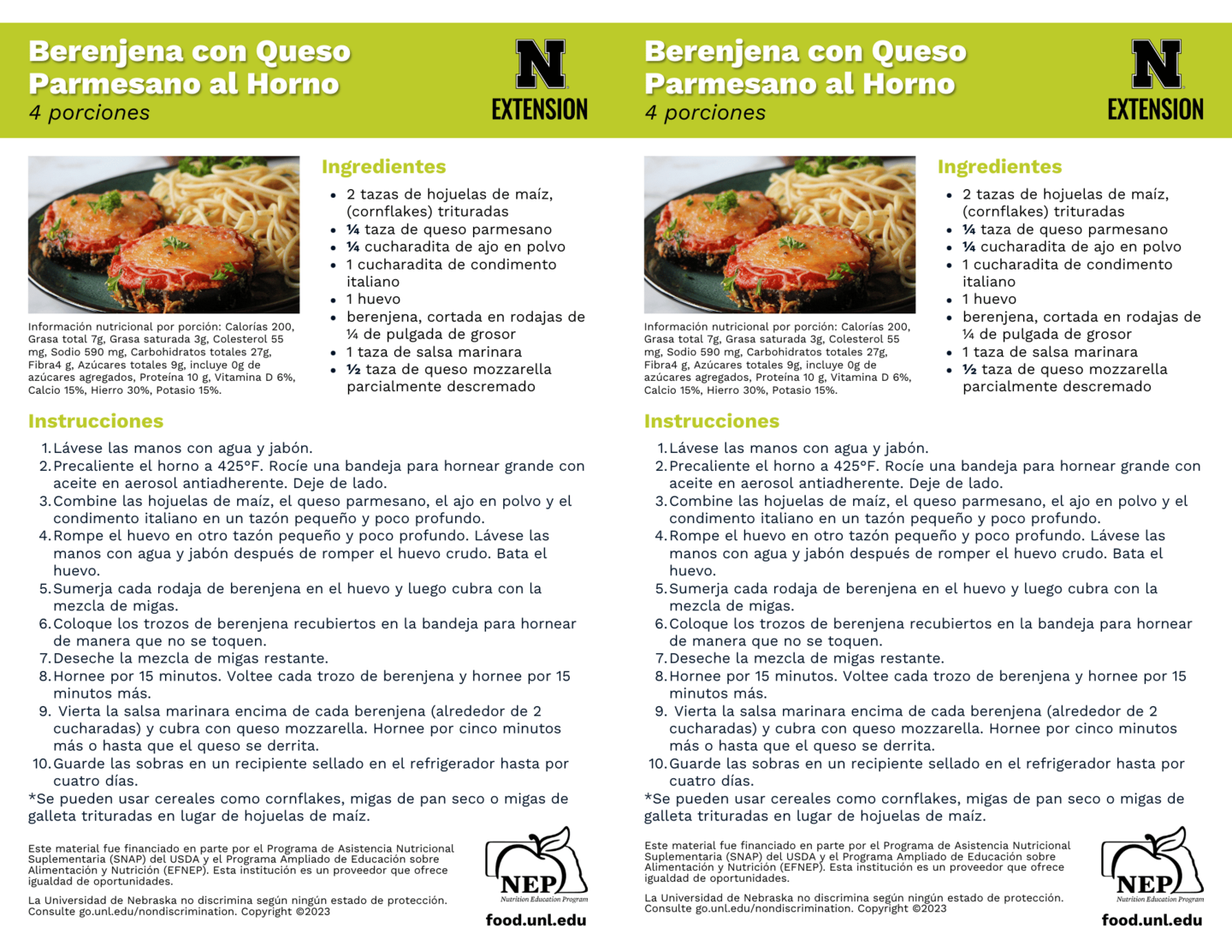 Handout - Eggplant - Spanish - Baked Eggplant Parmesan Recipes | UNL ...