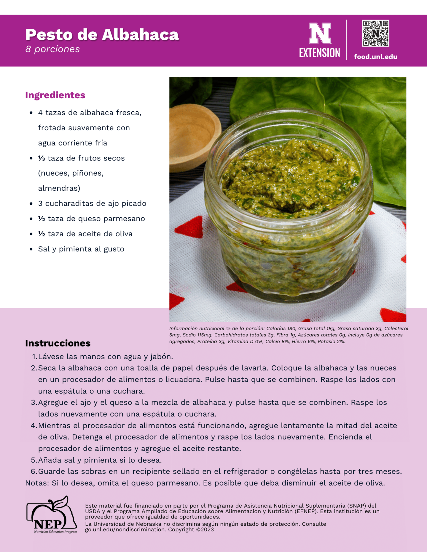 Handout - Fresh Herbs - Spanish - Basil Pesto Recipe | UNL Food | Nebraska