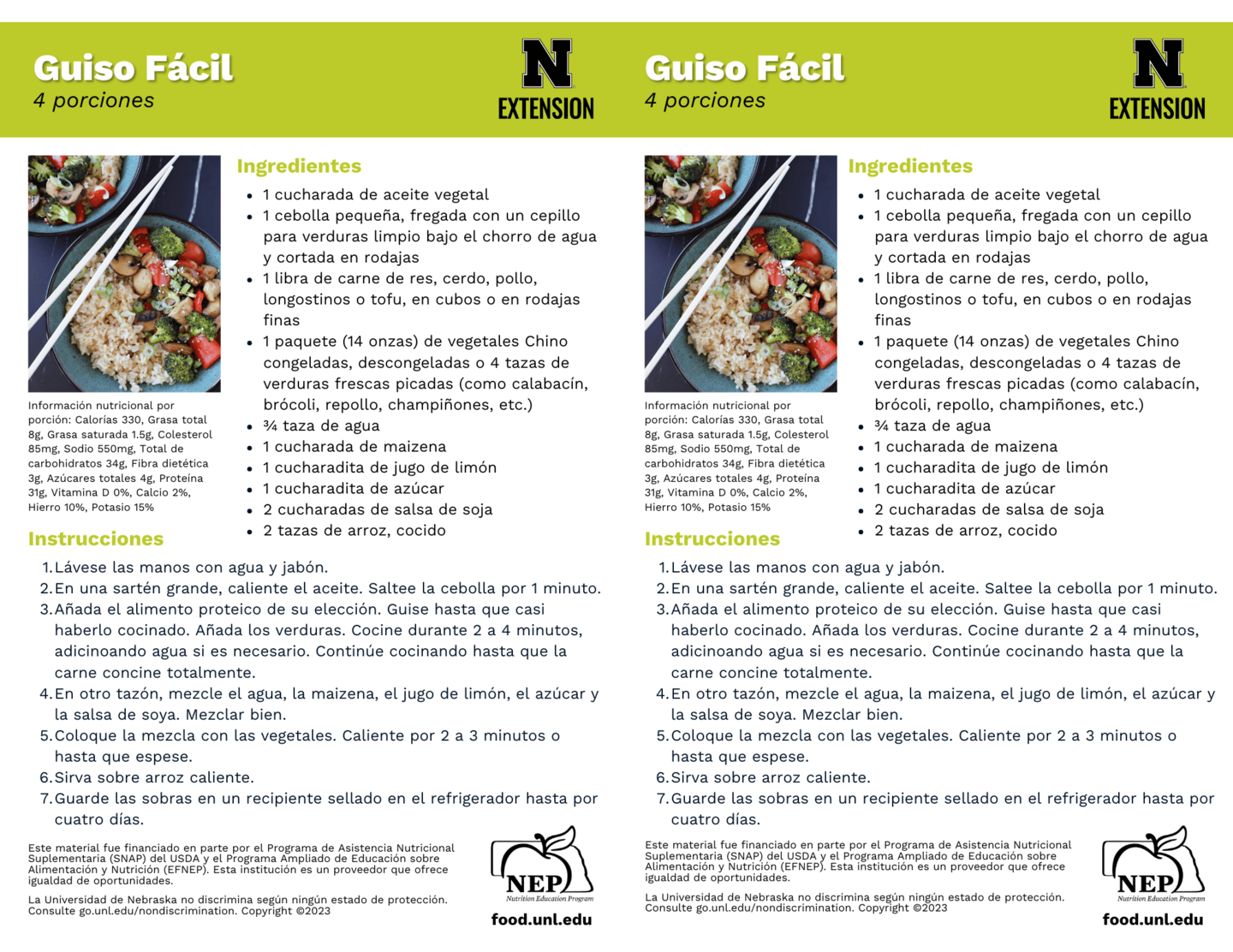 Handout - Broccoli - Spanish - Easy Stir Fry Recipes | UNL Food | Nebraska