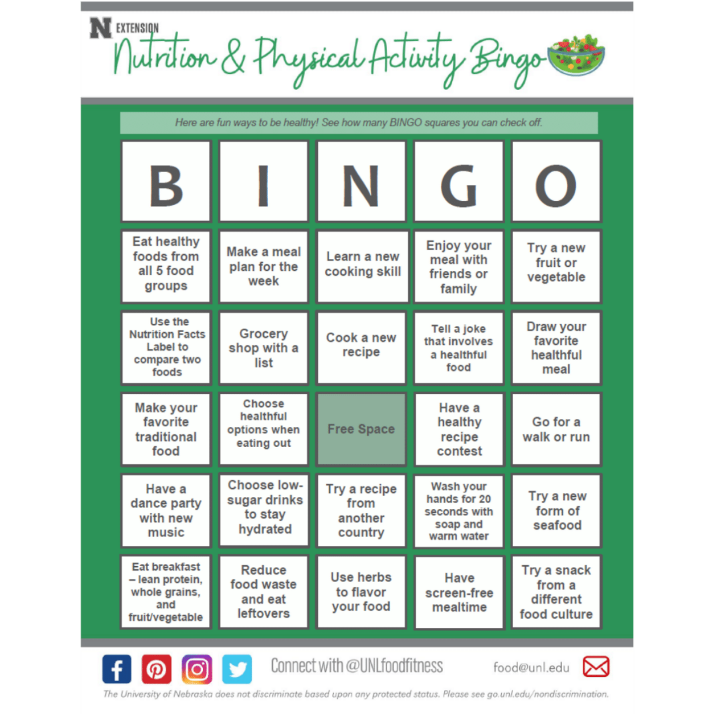 Nutrition and Physical Activity Bingo Card | UNL Food | Nebraska