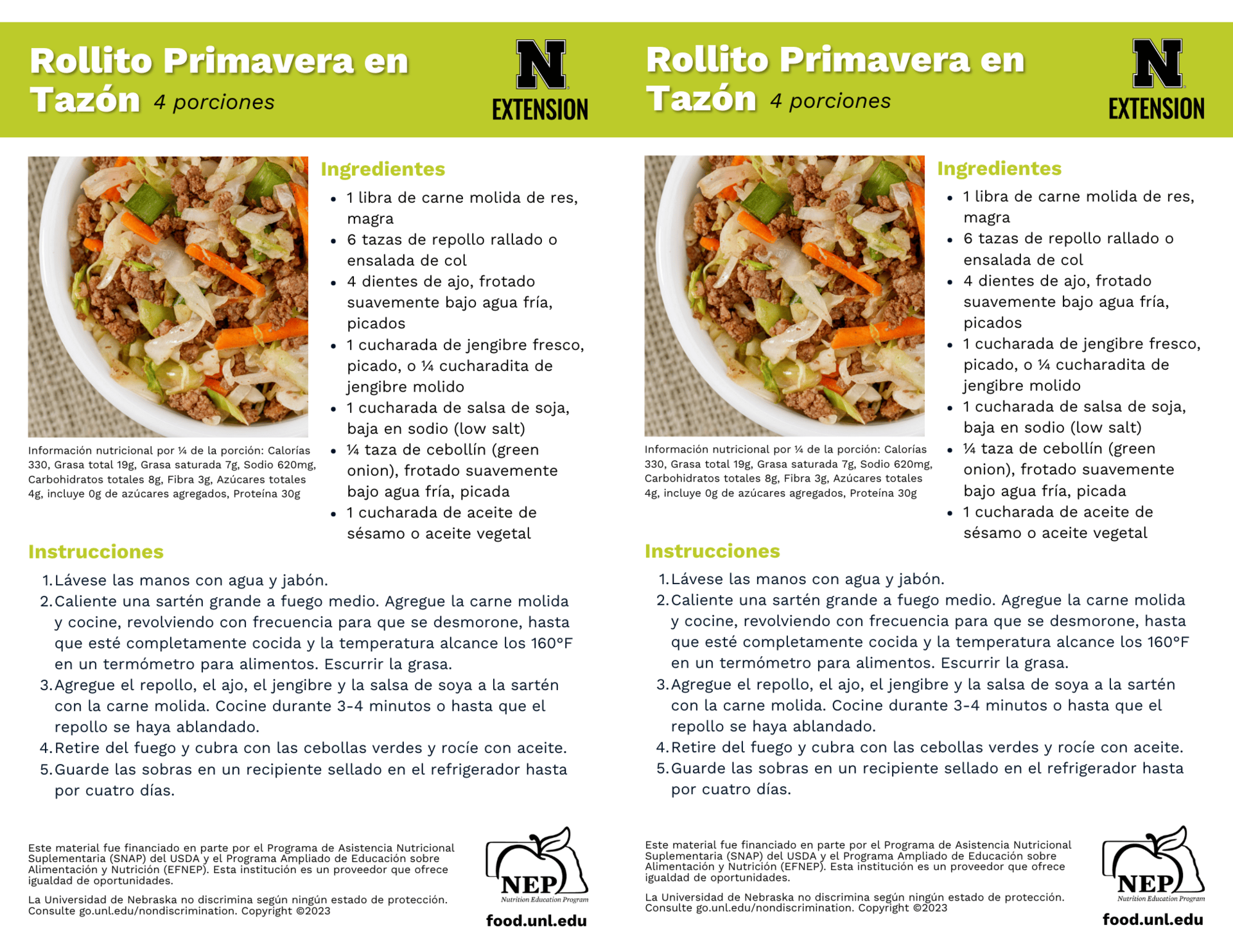 Handout - Cabbage - Spanish - Egg Roll in a Bowl Recipes | UNL Food ...