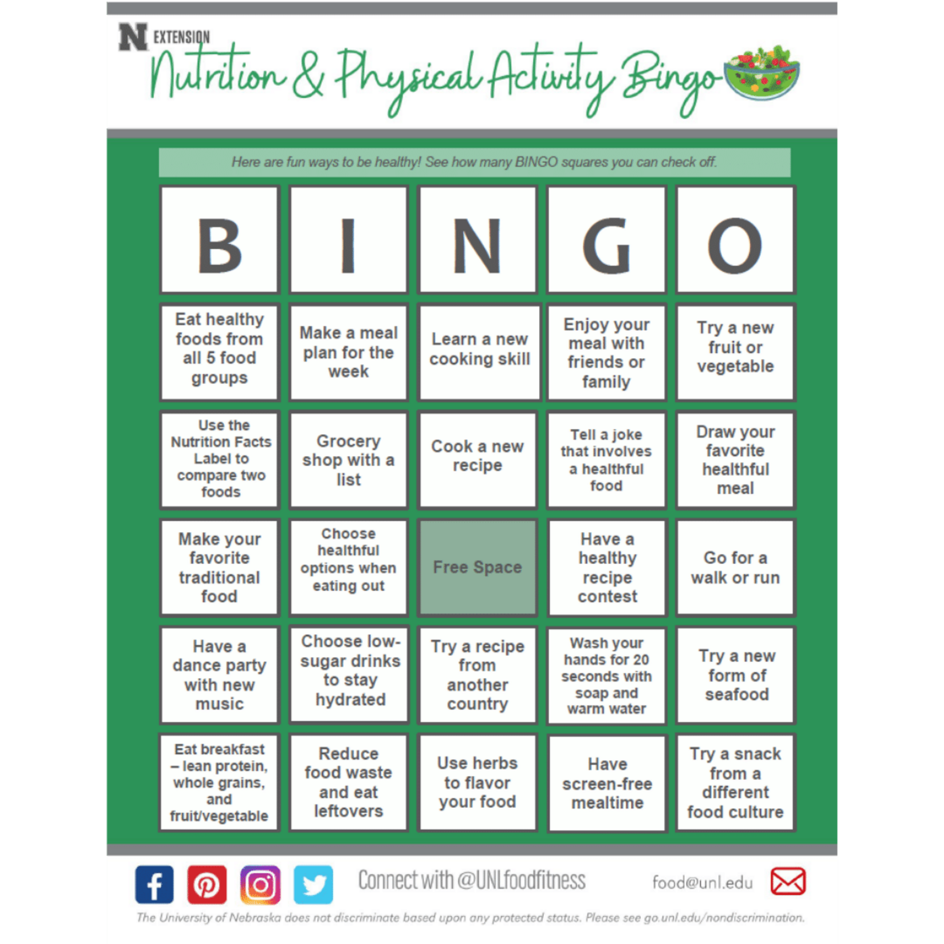 Nutrition and Physical Activity Bingo Card | UNL Food | Nebraska