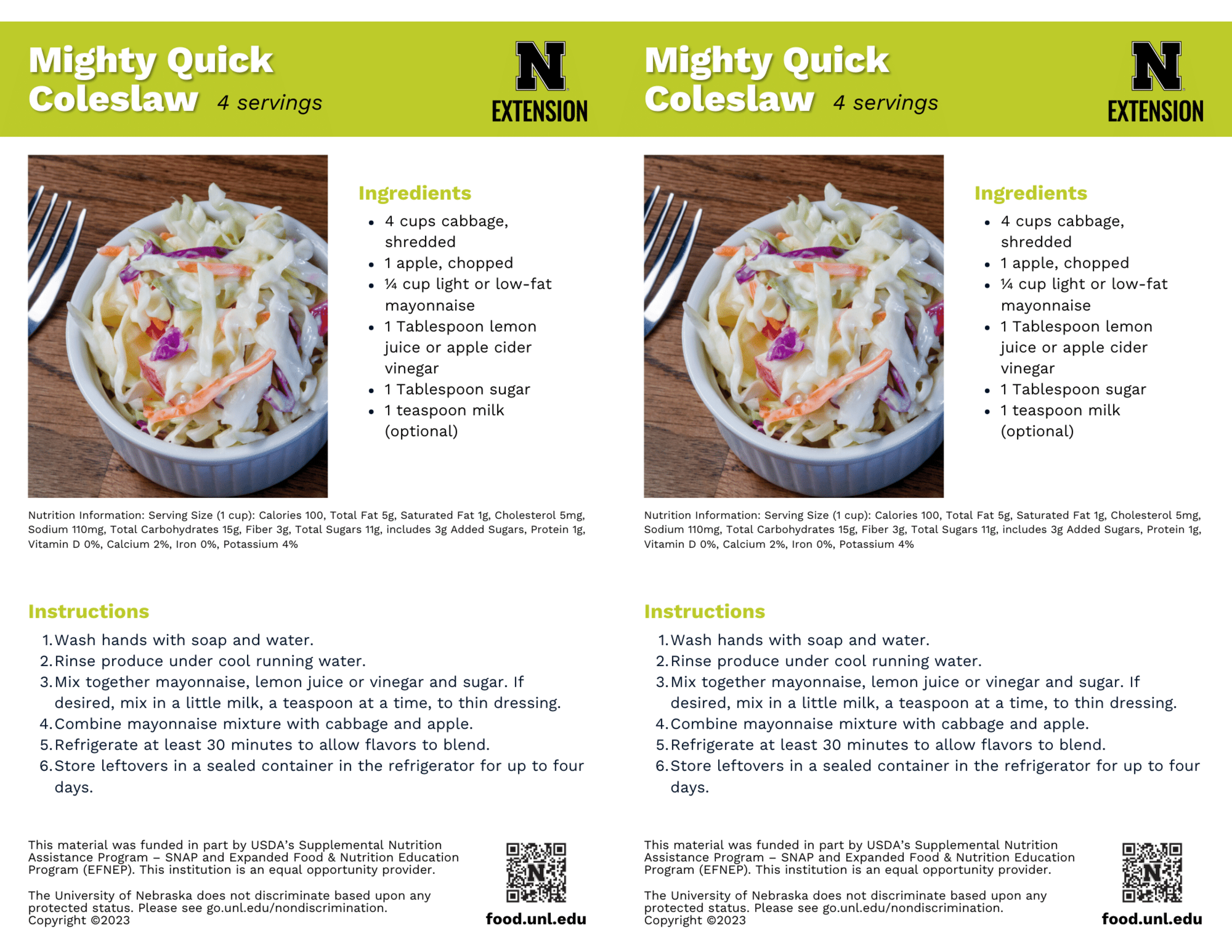 Handout - Cabbage - Mighty Quick Coleslaw Recipes | UNL Food | Nebraska