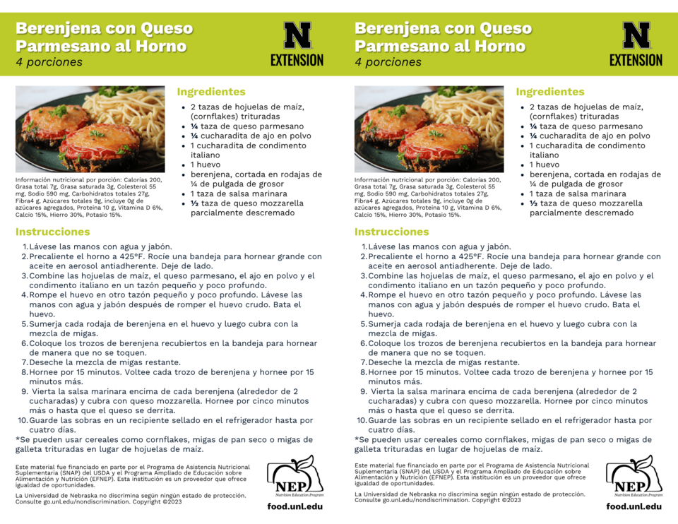 Handout - Eggplant - Spanish - Baked Eggplant Parmesan Recipes | UNL ...