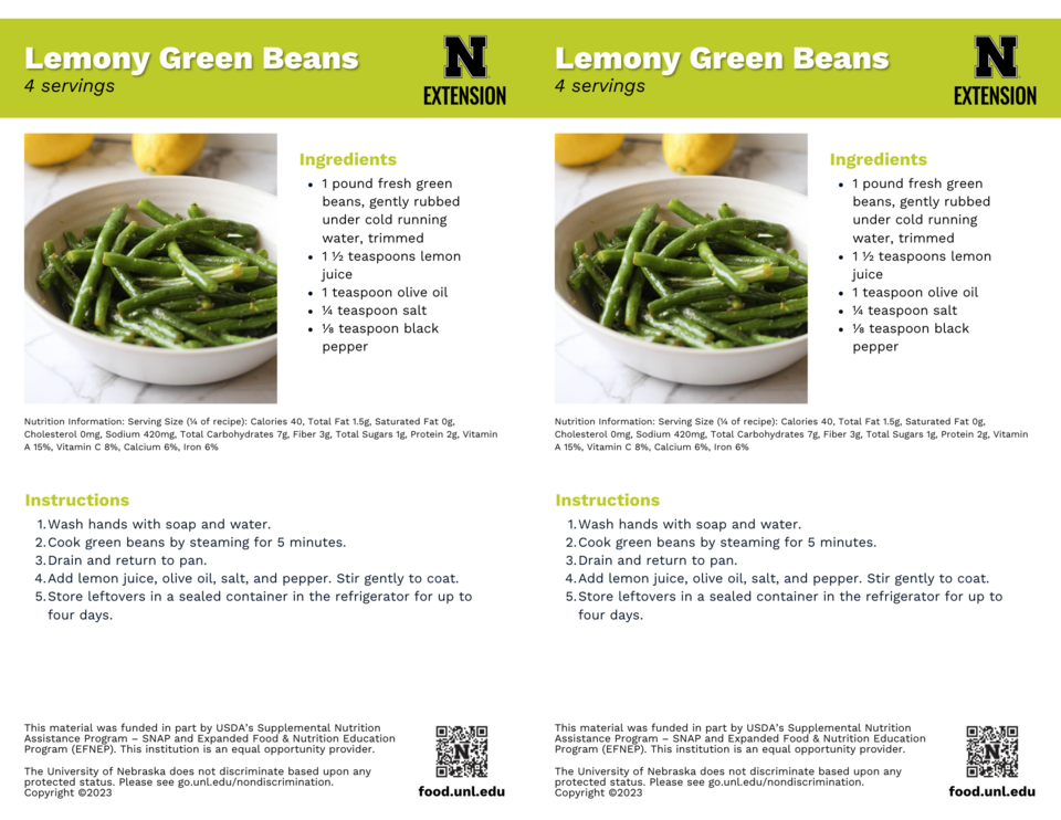 Handout - Green Beans - Lemony Green Beans Recipes | UNL Food | Nebraska