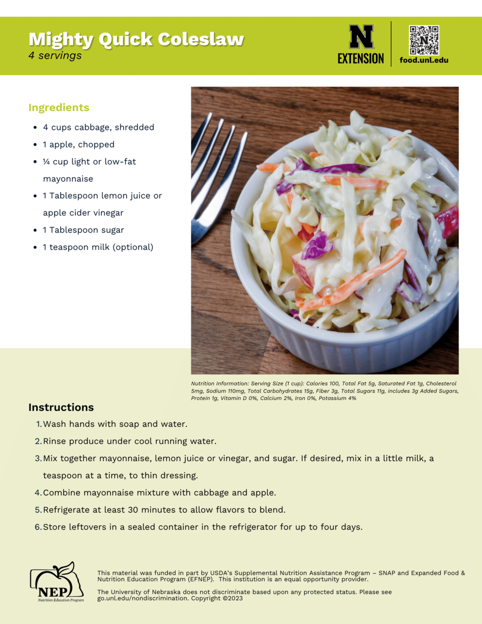 Handout - Cabbage - Mighty Quick Coleslaw Recipe | UNL Food | Nebraska