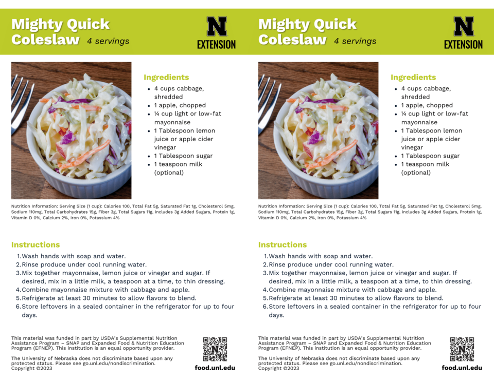 Handout - Cabbage - Mighty Quick Coleslaw Recipes | UNL Food | Nebraska